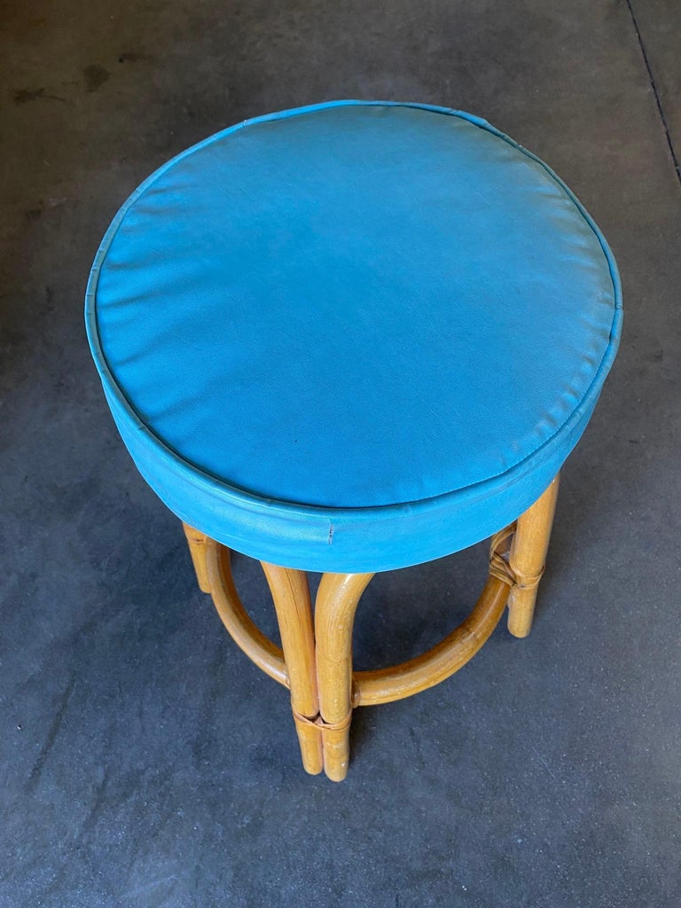 Restored Single Stand Arched Rattan Bar Stool w/ Teal Green Seat, Set ...