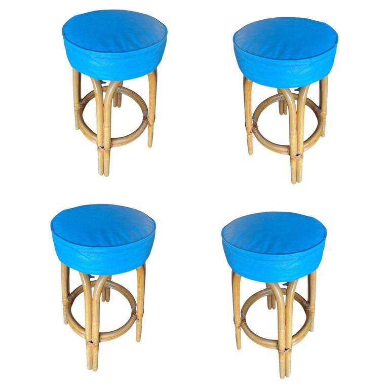 Restored Single Stand Arched Rattan Bar Stool w/ Teal Green Seat, Set ...