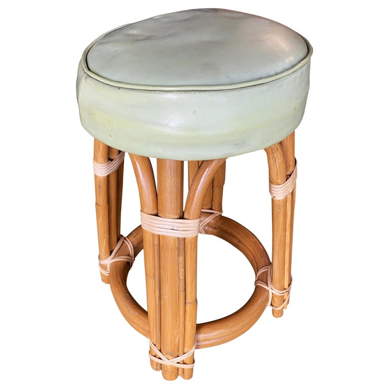 Restored Single Stand Arched Rattan Vanity Stool with Teal Seat For ...