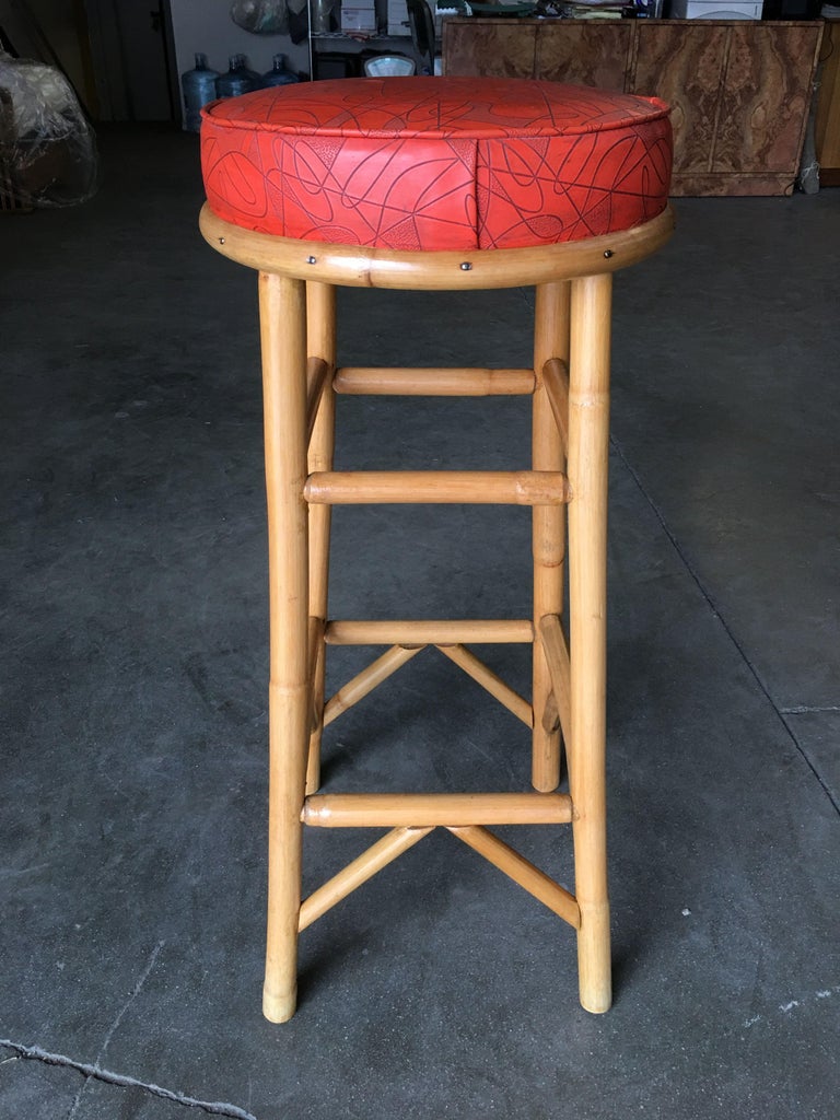 Restored Single Strand Ladder Side Rattan Bar Stool w/ Cushions, Set of ...