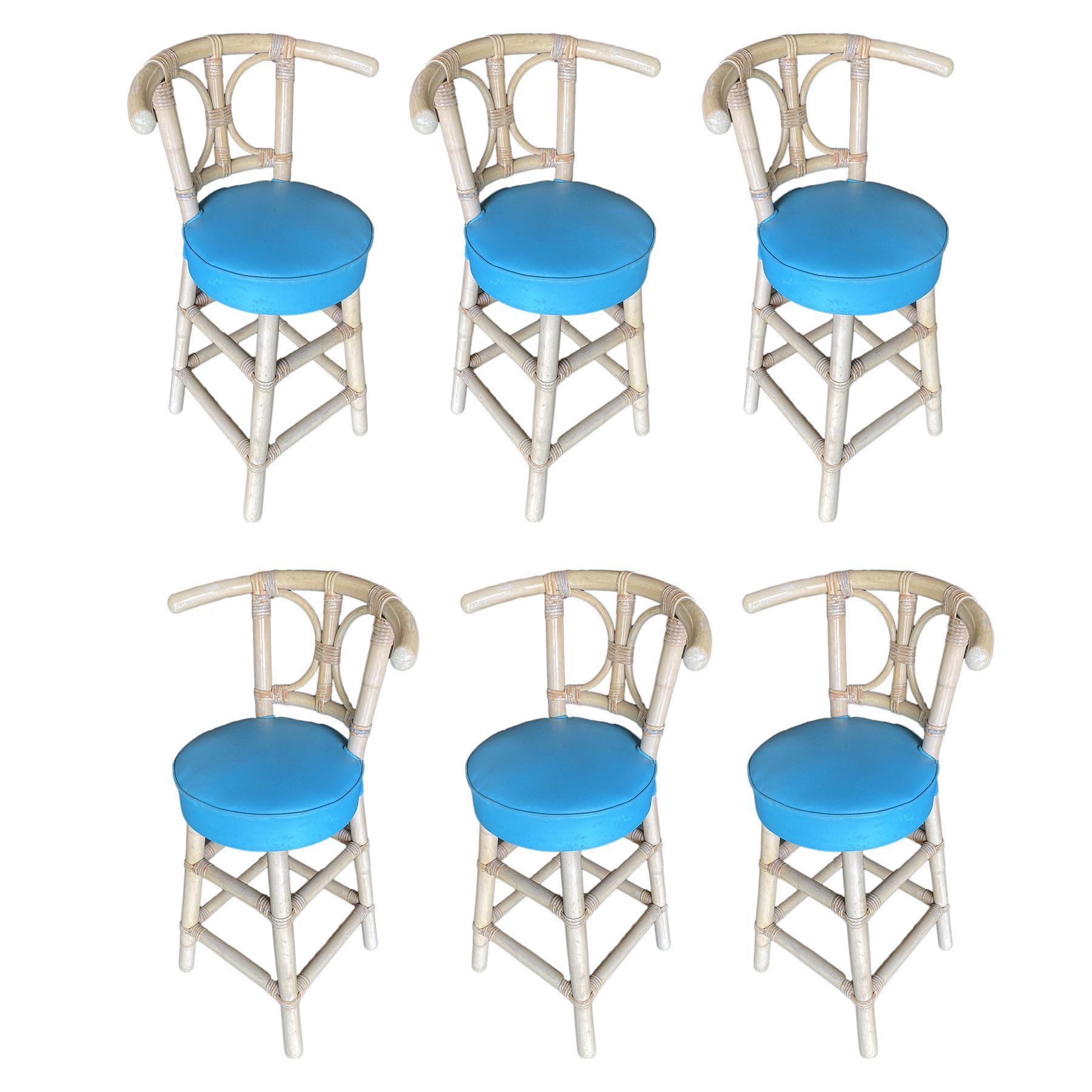 Restored Single Strand Ladder Side Rattan Bar Stool w/ Cushions, Set of ...