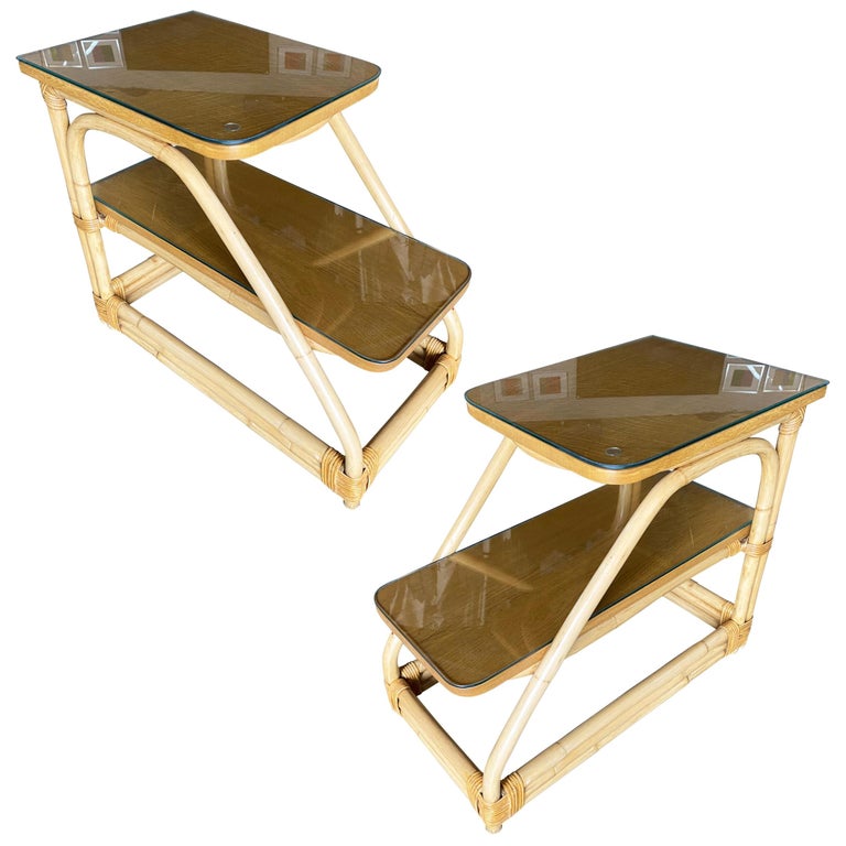 Restored Single Strand Two-Tier "D" Rattan Side Table, Pair w/ Glass ...