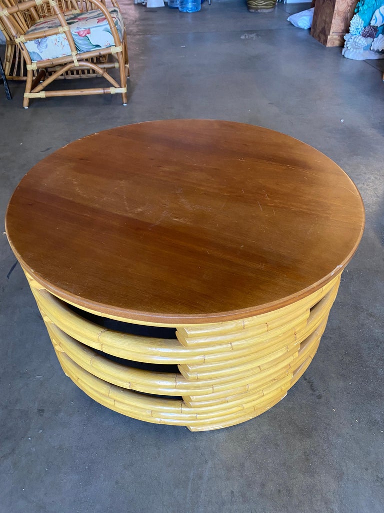 Restored Stacked Rattan Round Coffee Table with Vents and Mahogany Top ...