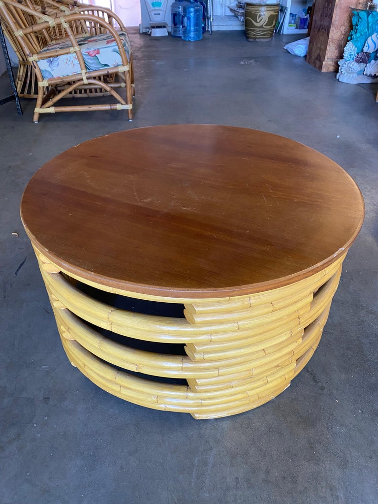 Restored Stacked Rattan Round Coffee Table with Vents and Mahogany Top ...