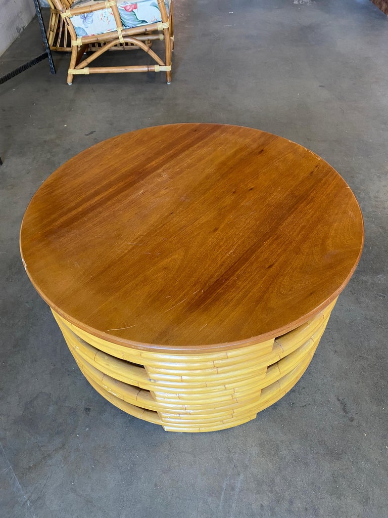 Restored Stacked Rattan Round Coffee Table with Vents and Mahogany Top ...