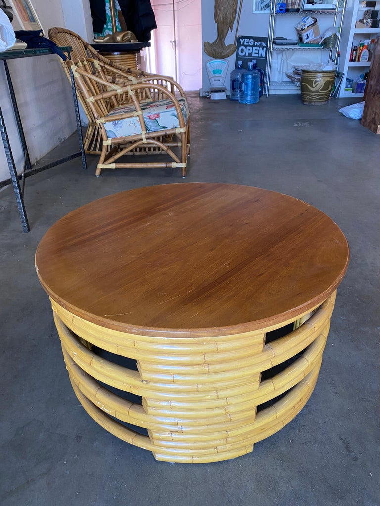 Restored Stacked Rattan Round Coffee Table with Vents and Mahogany Top ...