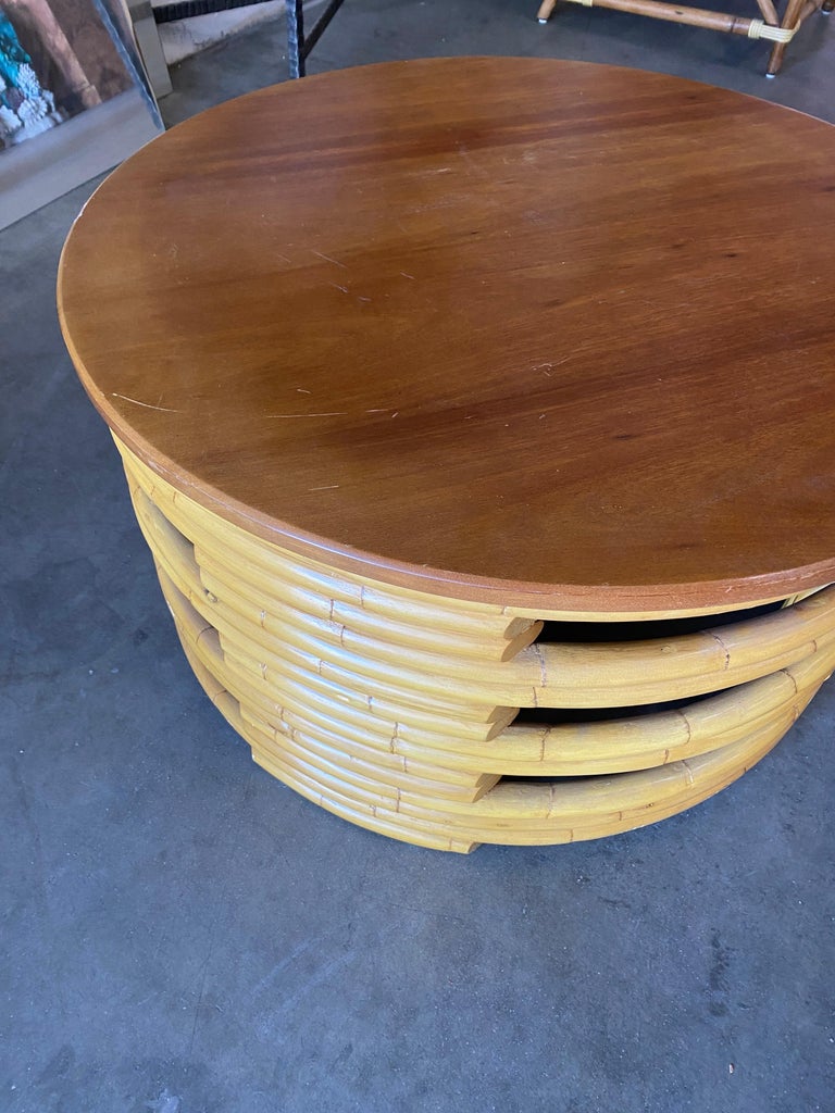 Restored Stacked Rattan Round Coffee Table with Vents and Mahogany Top ...