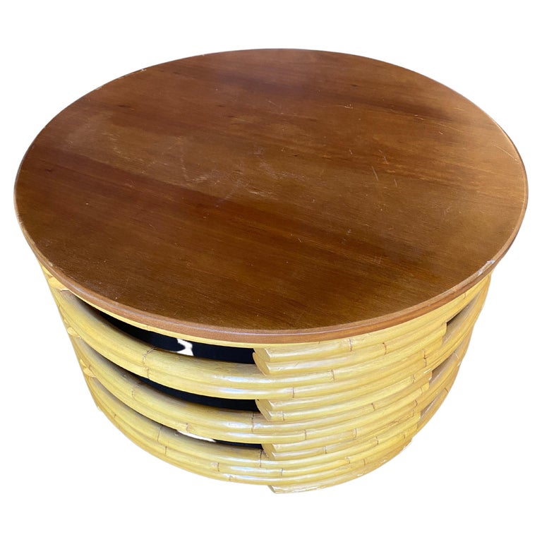 Restored Stacked Rattan Round Coffee Table with Vents and Mahogany Top ...