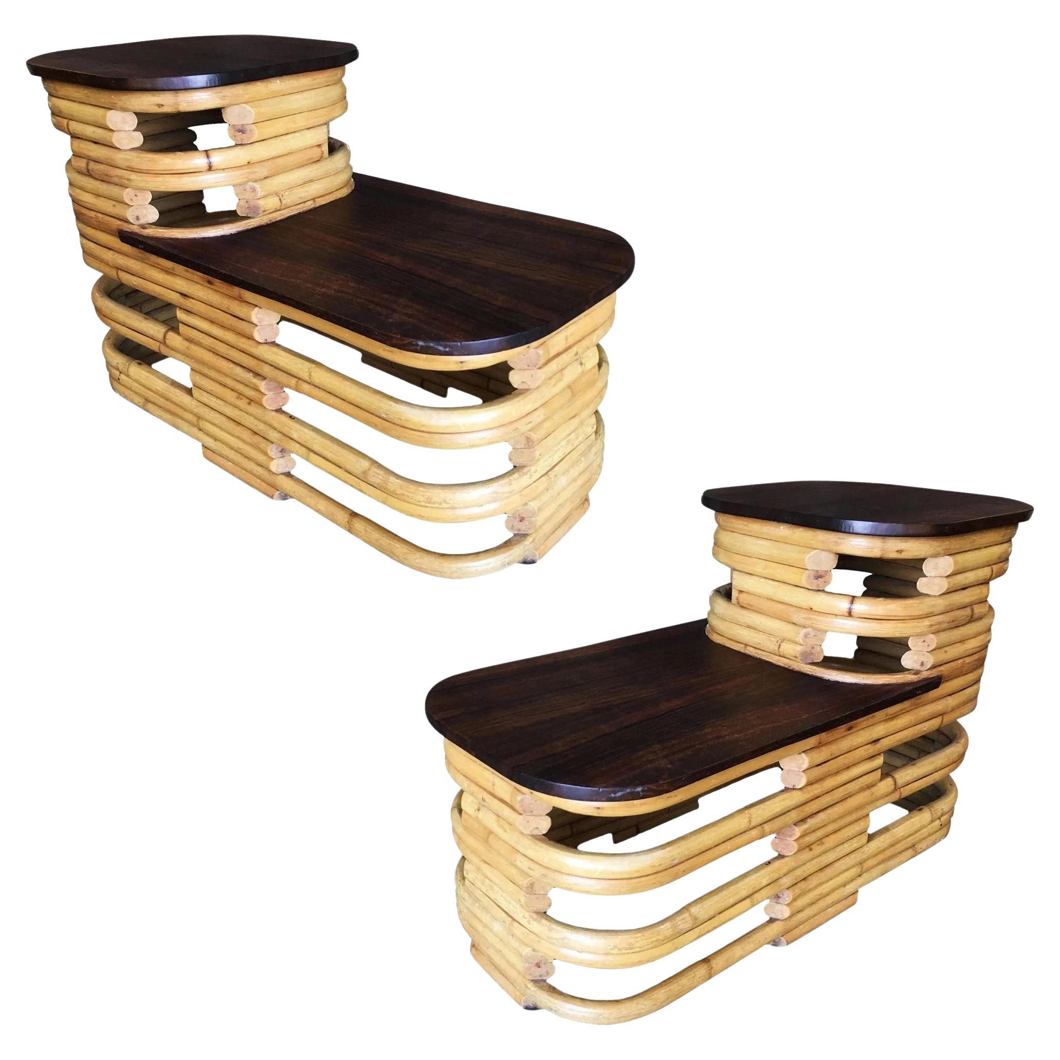 Mid Century Stacked Rattan Side Table with Cut Outs, Pair at 1stDibs