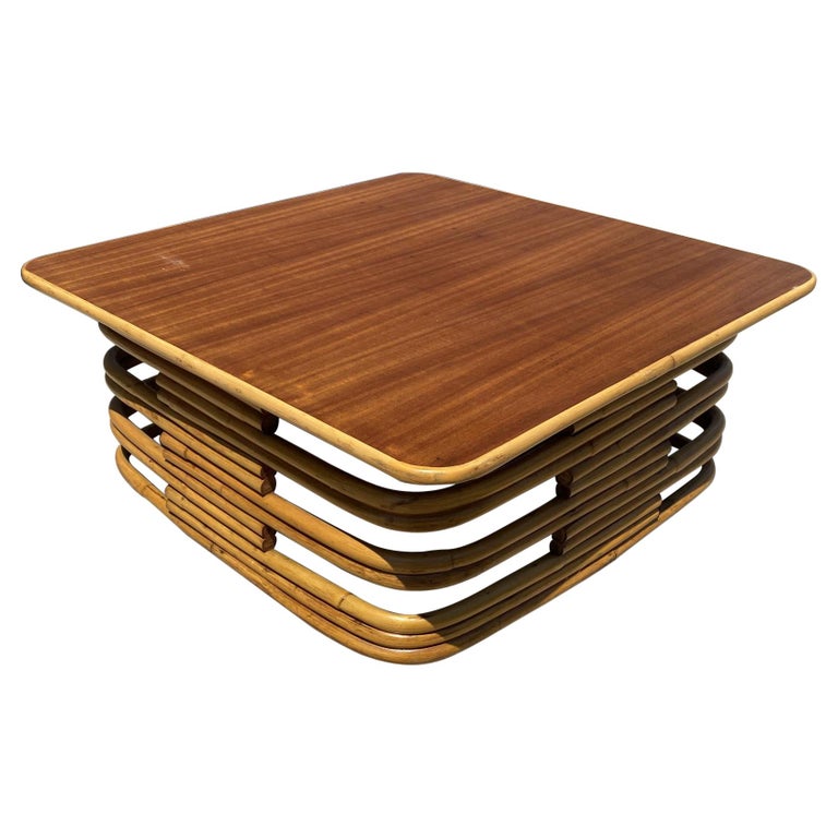 Restored Stacked Slat Rattan Cocktail Table with Cutouts and Mahogany ...