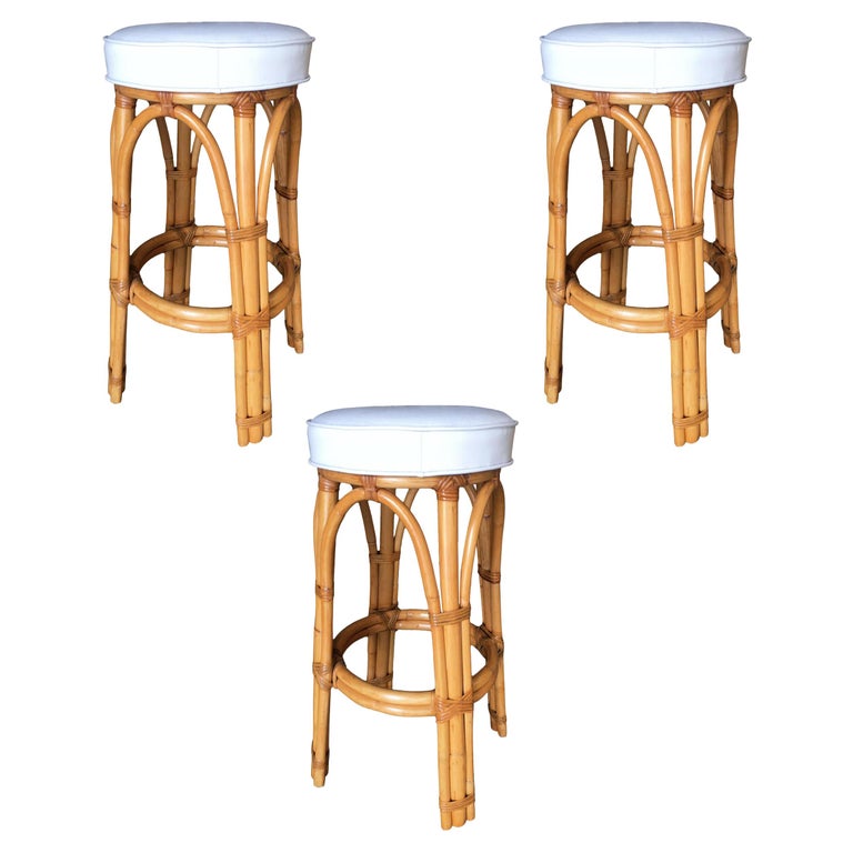 Restored Three Pole Leg Rattan Bar Stool, Set of 3 at 1stDibs