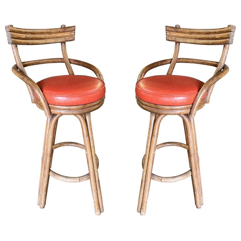 Restored Three Strand Pair of Rattan Bar Stool with Arch Armrests and ...