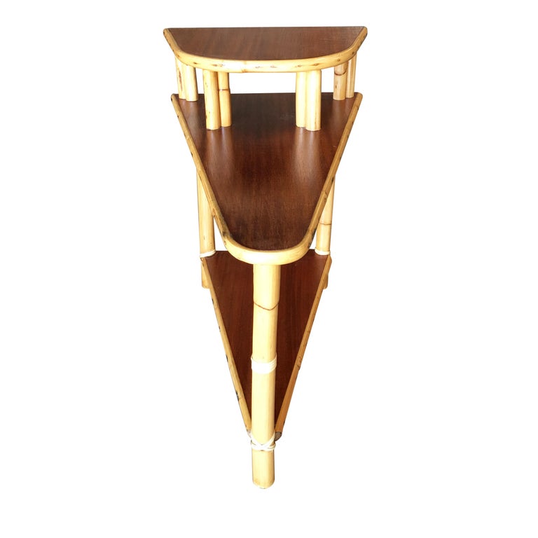 Restored Triangle Rattan Wedge Table with Two-Tier Mahogany Tops For ...