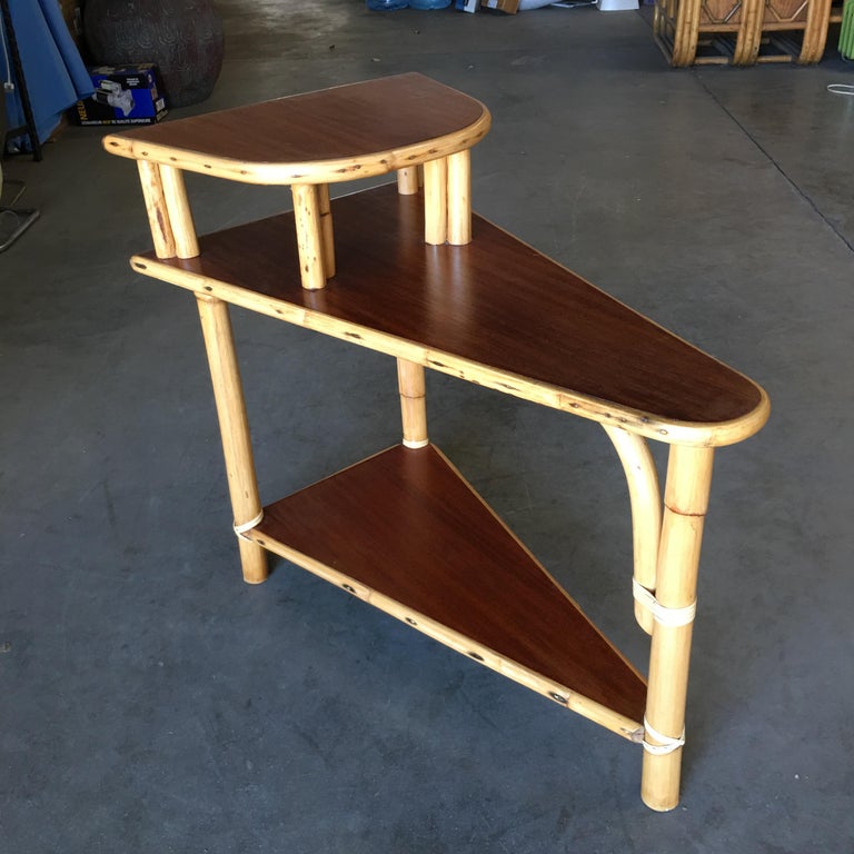 Restored Triangle Rattan Wedge Table with Two-Tier Mahogany Tops For ...