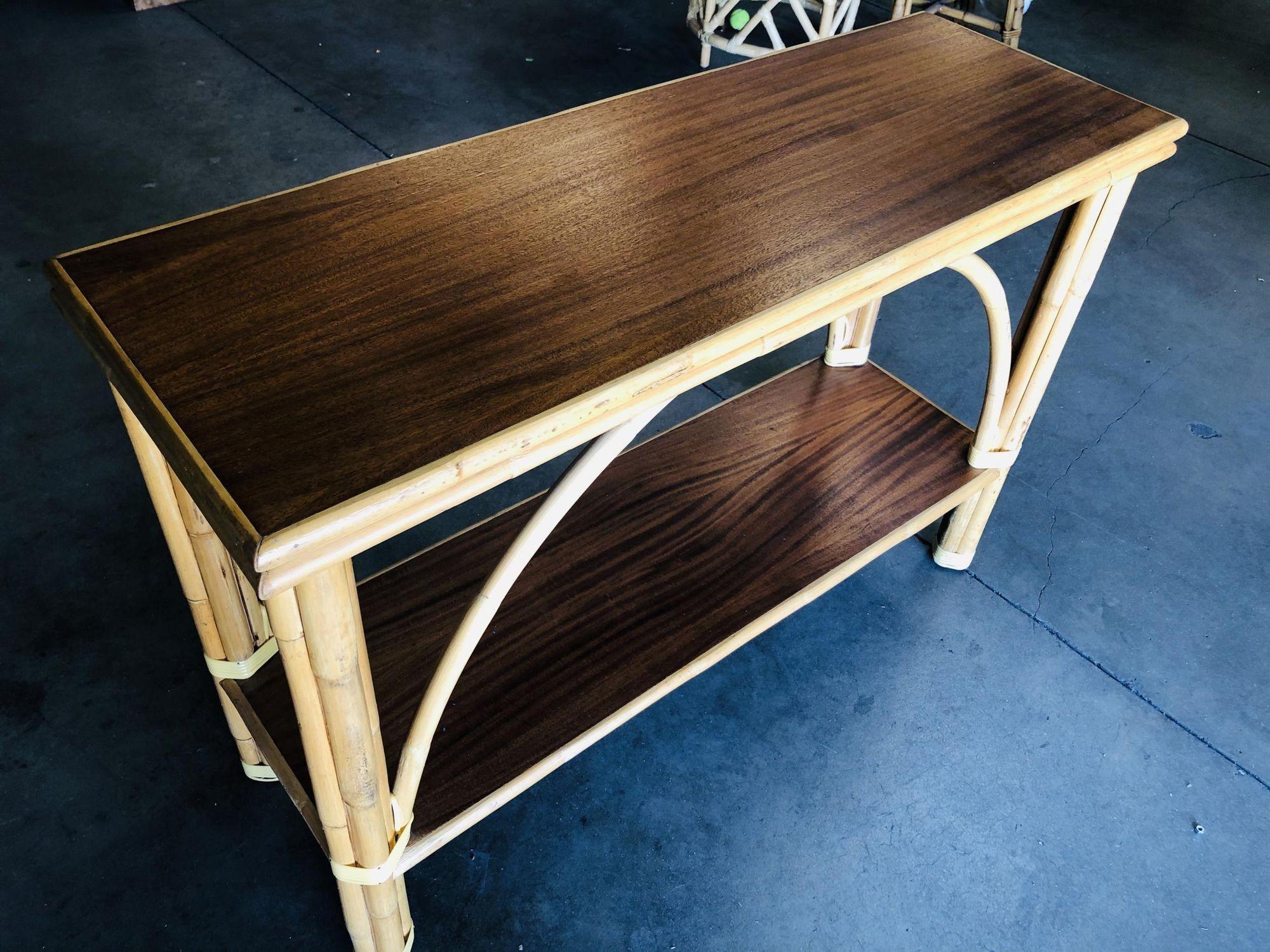 Restored Two-Tier "Double Arch" Rattan and Mahogany Console Table For ...