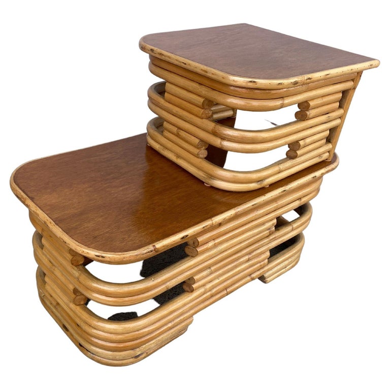 Restored Two-Tier Stacked Rattan Side Table with Mahogany Tops, Pair ...