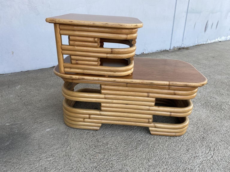 Restored Two-Tier Stacked Rattan Side Table with Mahogany Tops, Pair ...