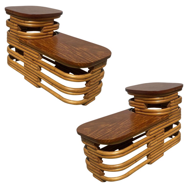 Restored Two-Tier Stacked Rattan Side Tables with Mahogany Tops, Pair ...
