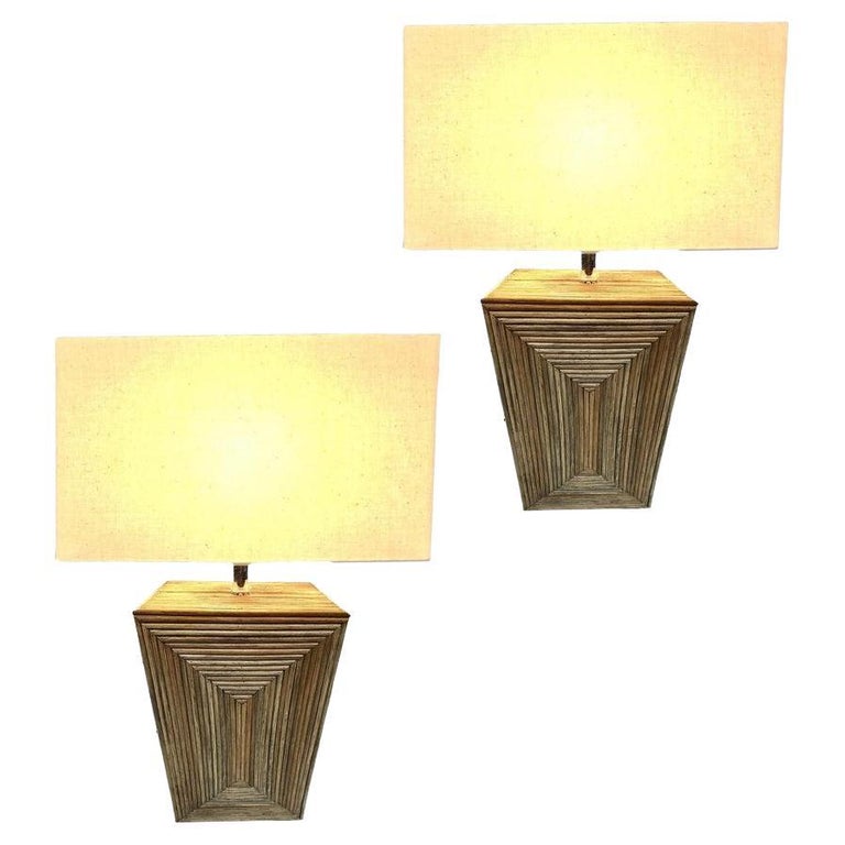 Restored Vertical Stacked Rattan Brick Lamp w/ Shades, Pair For Sale at ...