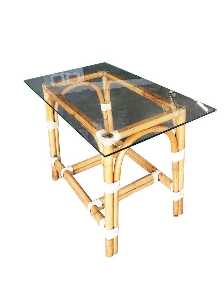 Restored Vintage "Swoop Arch" Rattan Side Table with Glass Top For Sale ...
