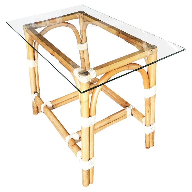 Restored Vintage "Swoop Arch" Rattan Side Table with Glass Top For Sale ...