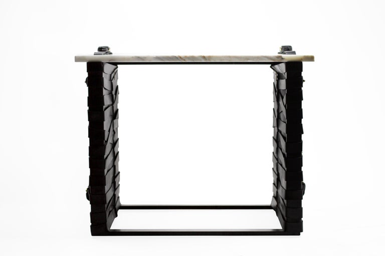 Restraint Accent Table in Steel, Calacatta Gold Marble with Dual Leather Panels For Sale at ...