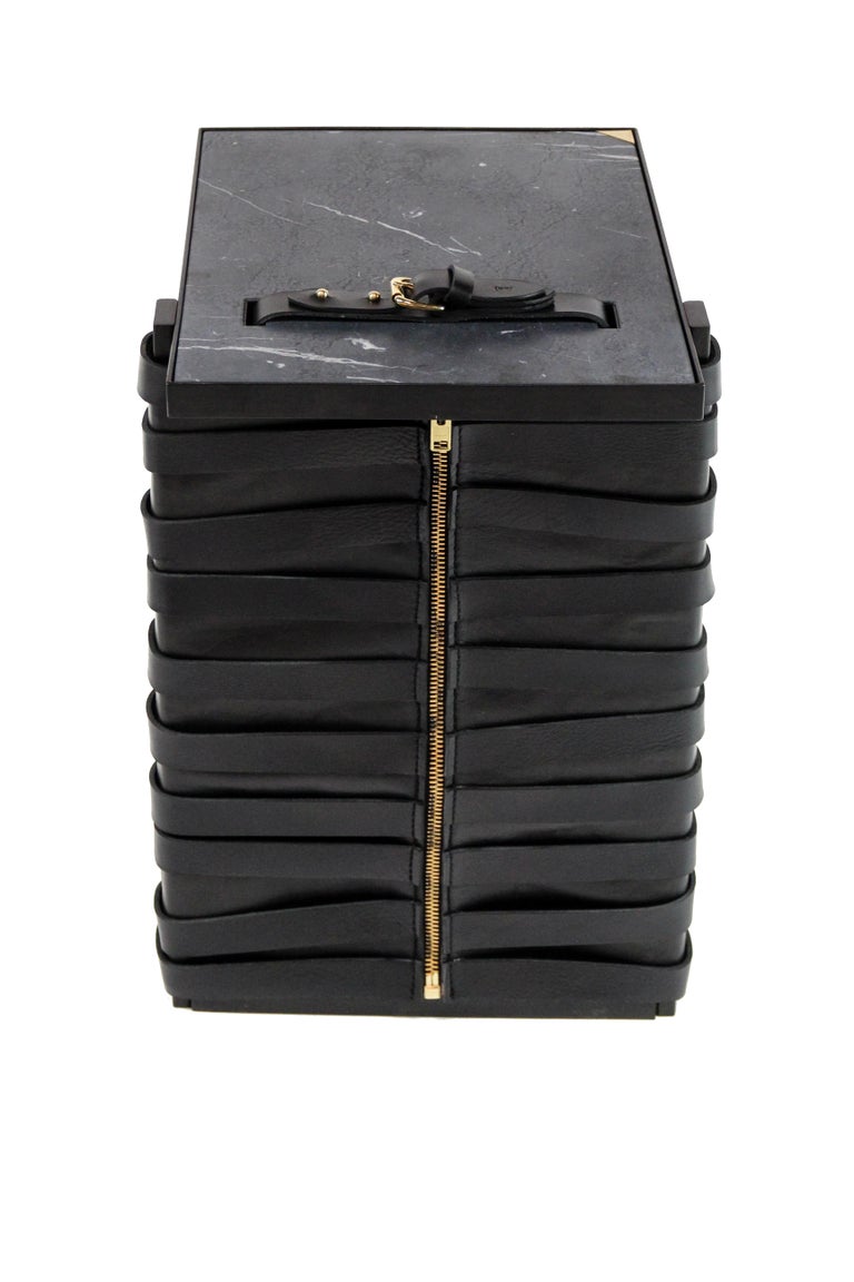 Restraint Side Table in Steel, Nero Marquina Marble with Black Leather ...