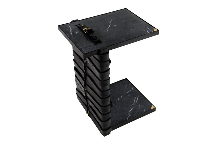 Restraint Side Table in Steel, Nero Marquina Marble with Black Leather ...