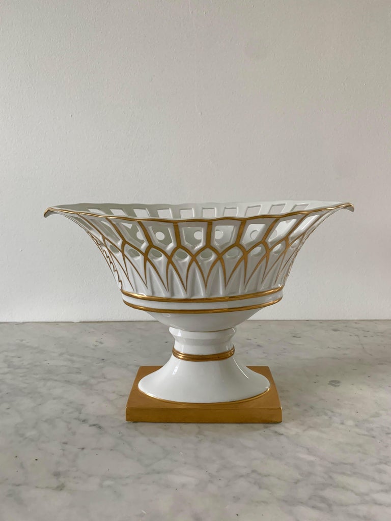 Reticulated Gold Gilt Porcelain Basket Compote For Sale at 1stDibs