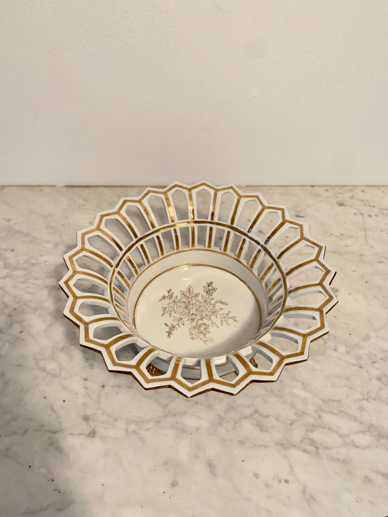 Reticulated Gold Gilt Porcelain Lion Paw Footed Basket For Sale at 1stDibs