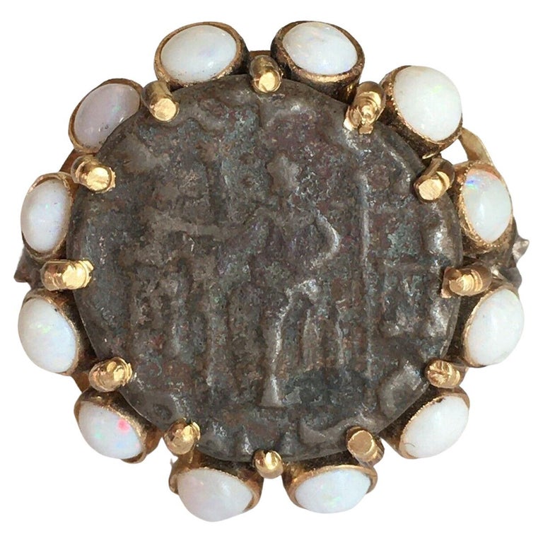 Retro 14 Karat Yellow Gold Ancient Coin Ring Hallmarked Opals, 1940s ...
