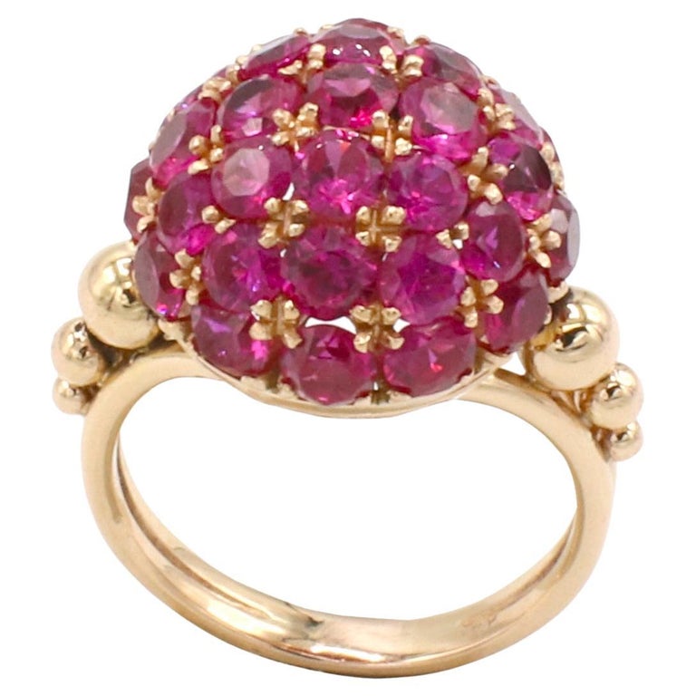 Retro 14 Karat Yellow Gold Ruby Round Stone Cluster Dome Ring For Sale ...