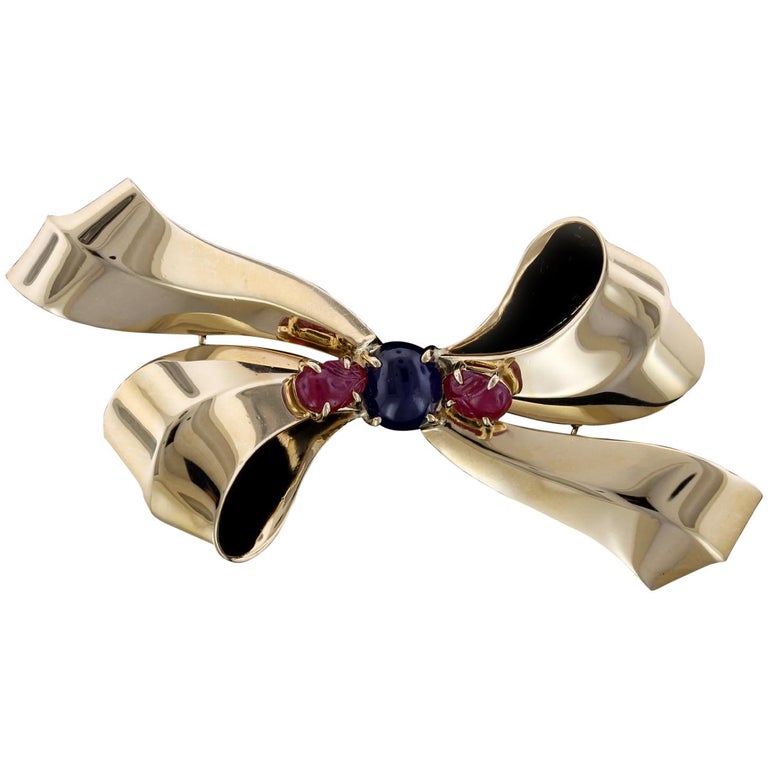 Retro 14 Karat Yellow Gold Sapphire and Ruby Bow Brooch For Sale at 1stDibs