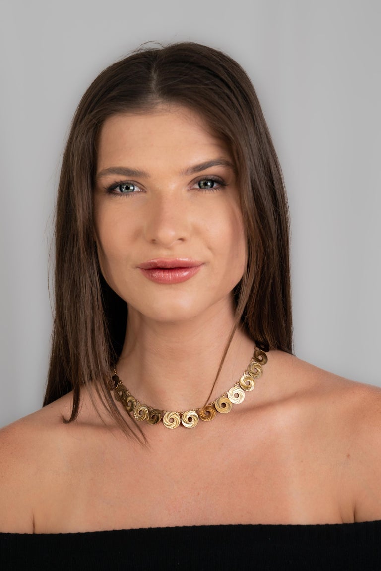 Retro 14 Karat Yellow Gold Spiral Disk Station Fringe Collar Necklace ...