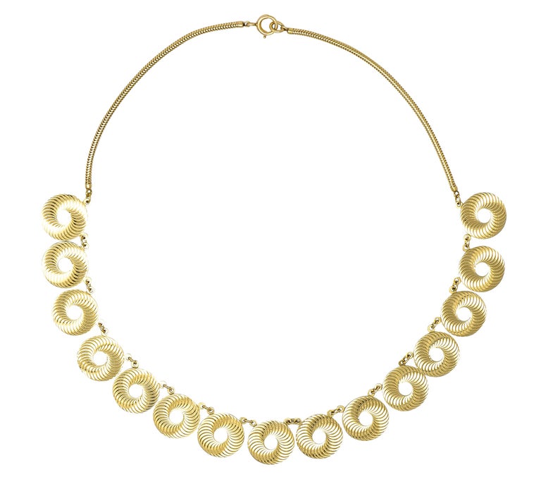 Retro 14 Karat Yellow Gold Spiral Disk Station Fringe Collar Necklace ...