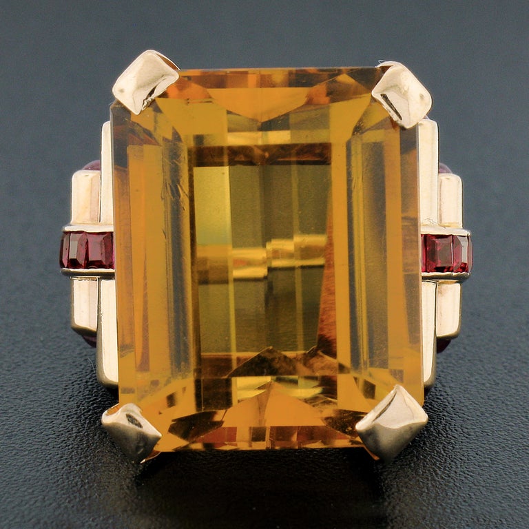Retro 14K Gold 30.6ct Large Rectangular Citrine Solitaire and Ruby ...