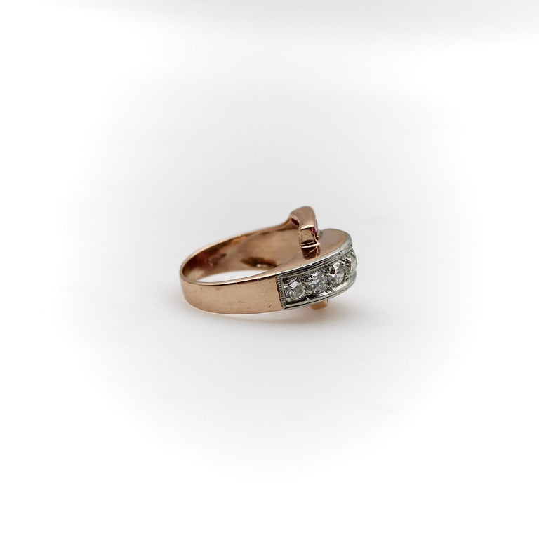 Retro 14k Gold Diamond and Ruby Buckle Ring For Sale at 1stDibs