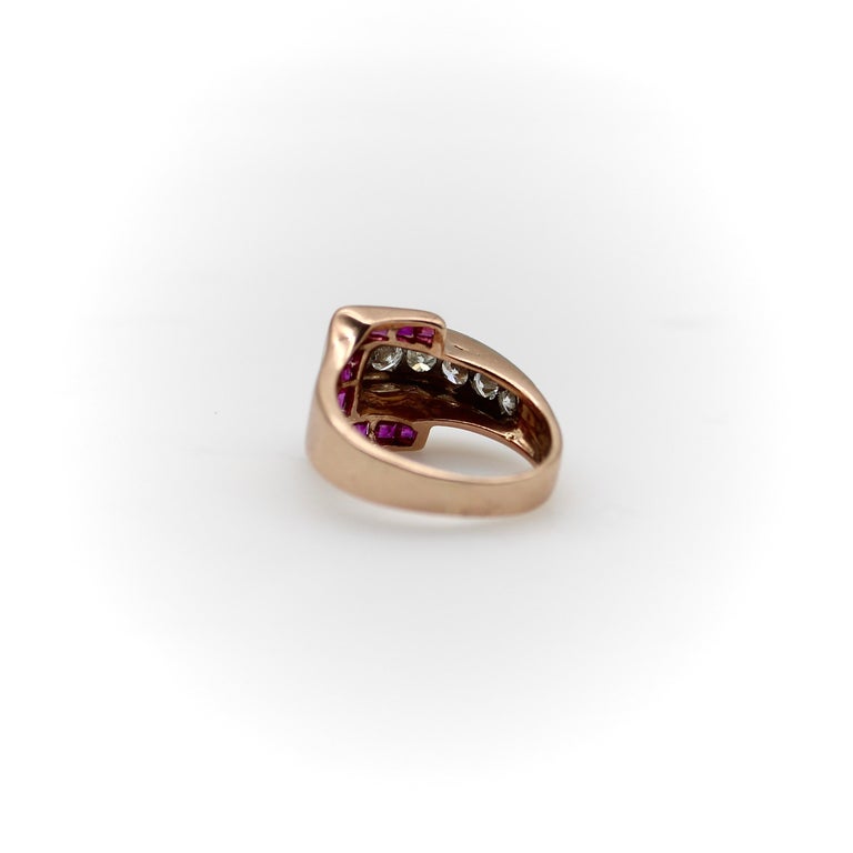 Retro 14k Gold Diamond and Ruby Buckle Ring For Sale at 1stDibs