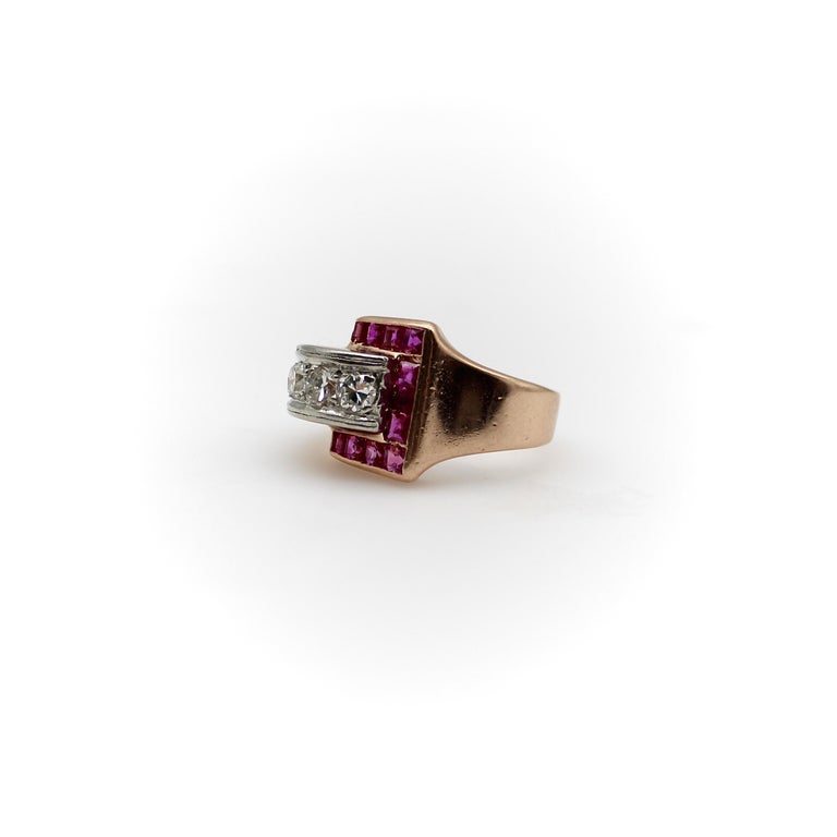Retro 14k Gold Diamond and Ruby Buckle Ring For Sale at 1stDibs