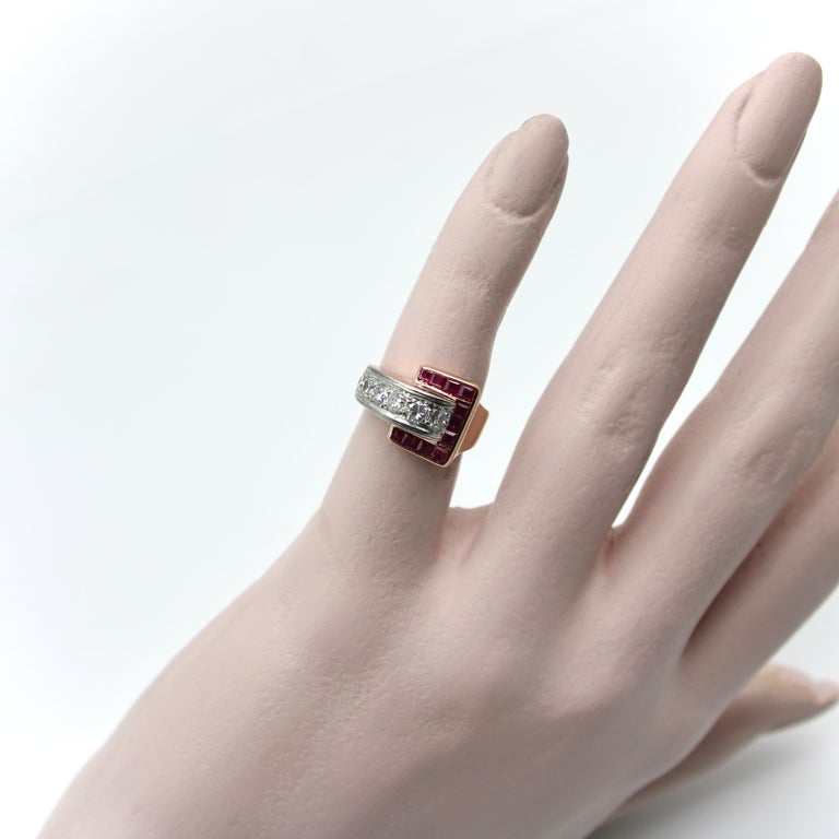 Retro 14k Gold Diamond and Ruby Buckle Ring For Sale at 1stDibs