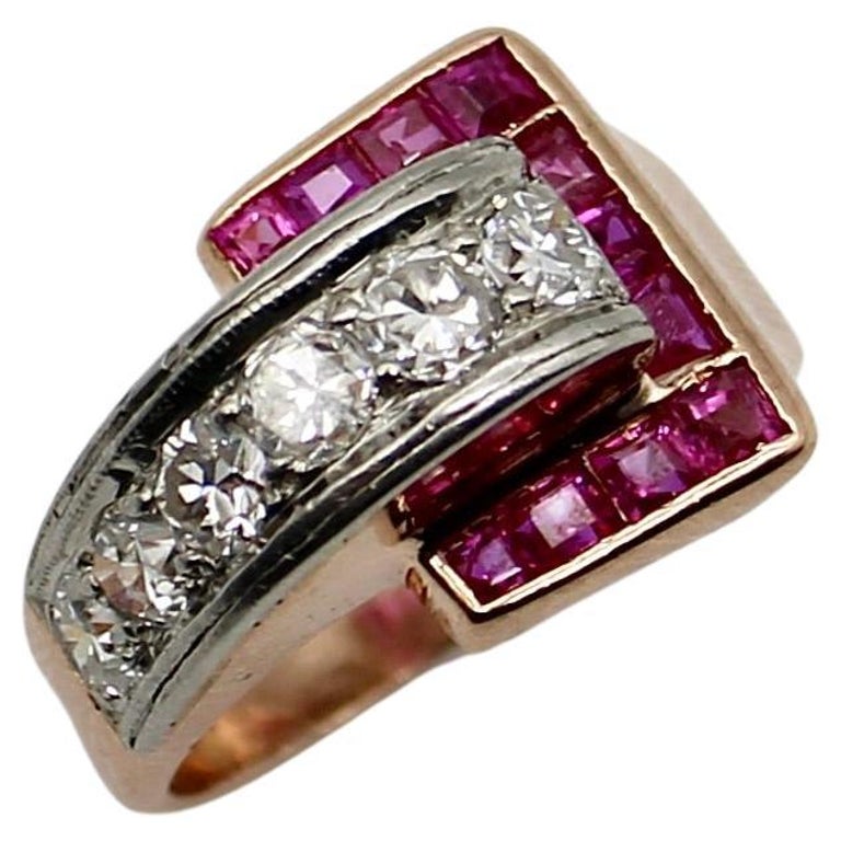 Retro 14k Gold Diamond and Ruby Buckle Ring For Sale at 1stDibs