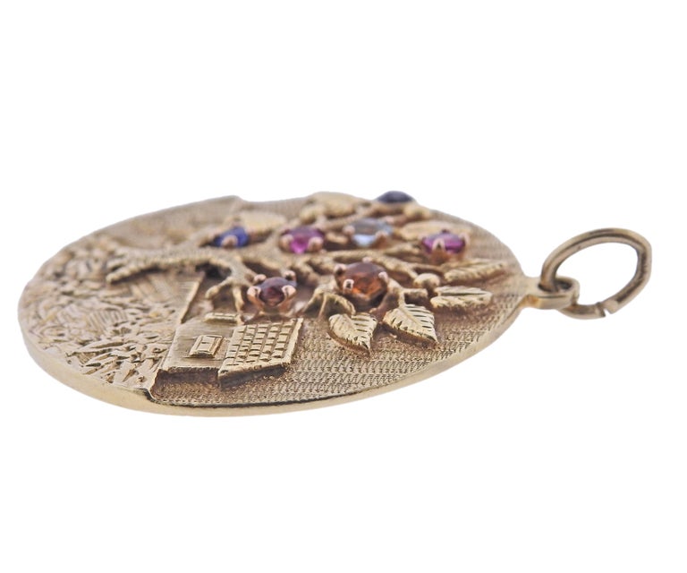 Retro 14k Gold Gemstone Tree Pendant Medallion Charm For Sale at 1stDibs