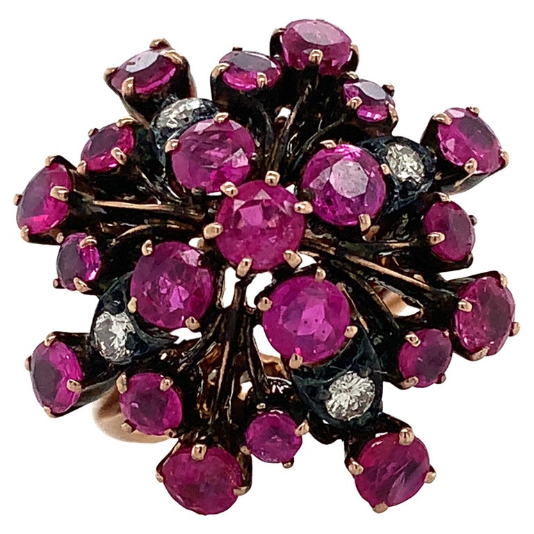 Retro 14k Rose Gold Red Round Rubies And Round White Diamond Ring Size ...