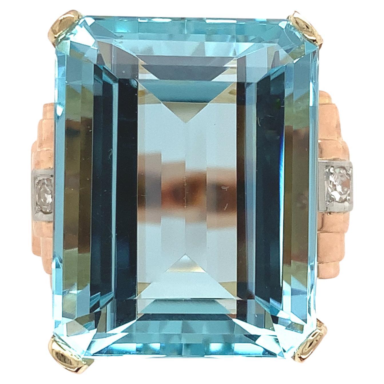 Retro 16K Rose Gold Large 30 carat Aquamarine Ring with GIA Report For ...