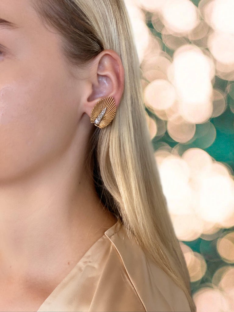 Retro 18 Karat Yellow Gold and Diamond Leaf Ear Clips at 1stDibs