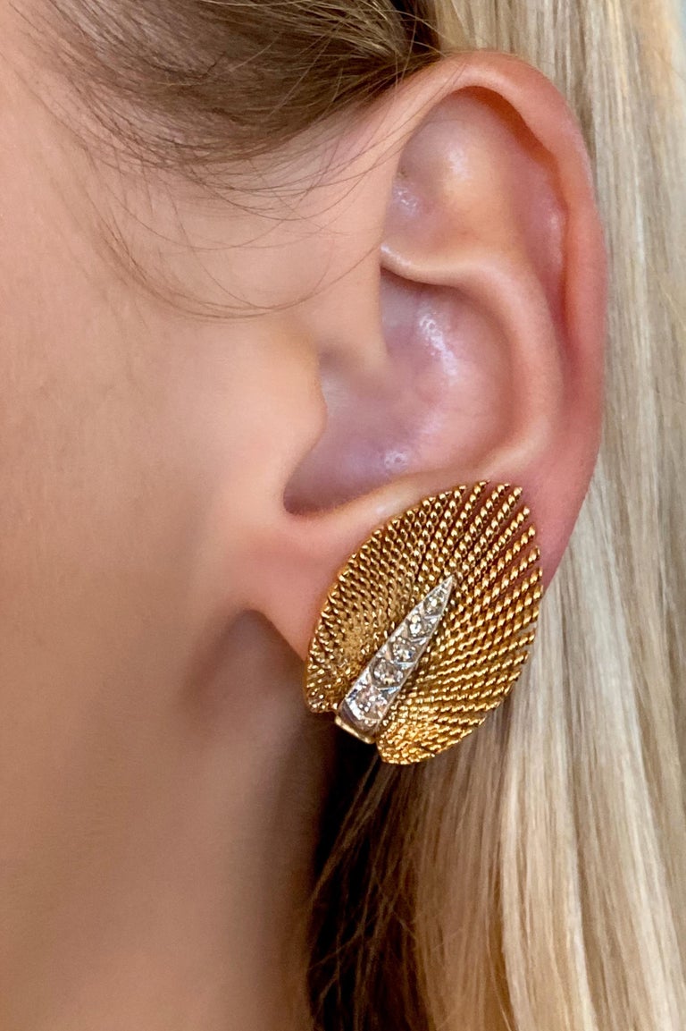 Retro 18 Karat Yellow Gold and Diamond Leaf Ear Clips at 1stDibs