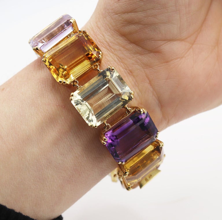 Retro 18 Karat Yellow Gold Multi-Colored Gemstone Bracelet For Sale at ...