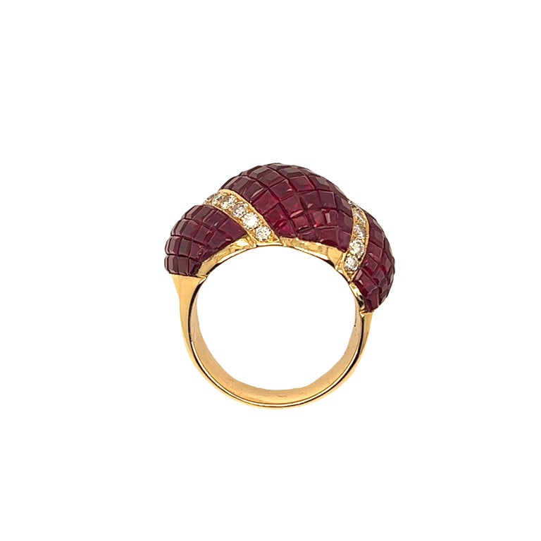 Retro 1940s Invisible Set Square Ruby and Diamond Dome Ring 18K Yellow Gold For Sale at 1stDibs
