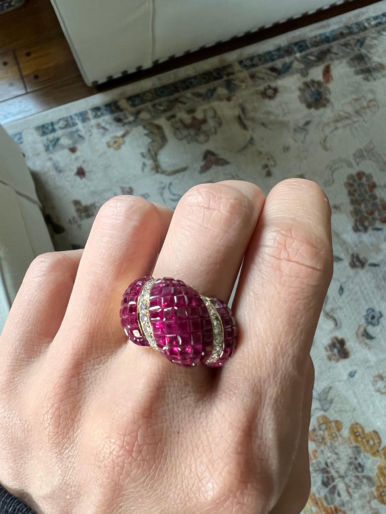 Retro 1940s Invisible Set Square Ruby and Diamond Dome Ring 18K Yellow Gold For Sale at 1stDibs