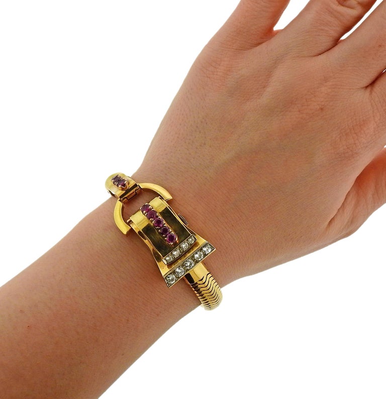 Retro 1940s Ruby Diamond Gold Watch Bracelet For Sale at 1stDibs